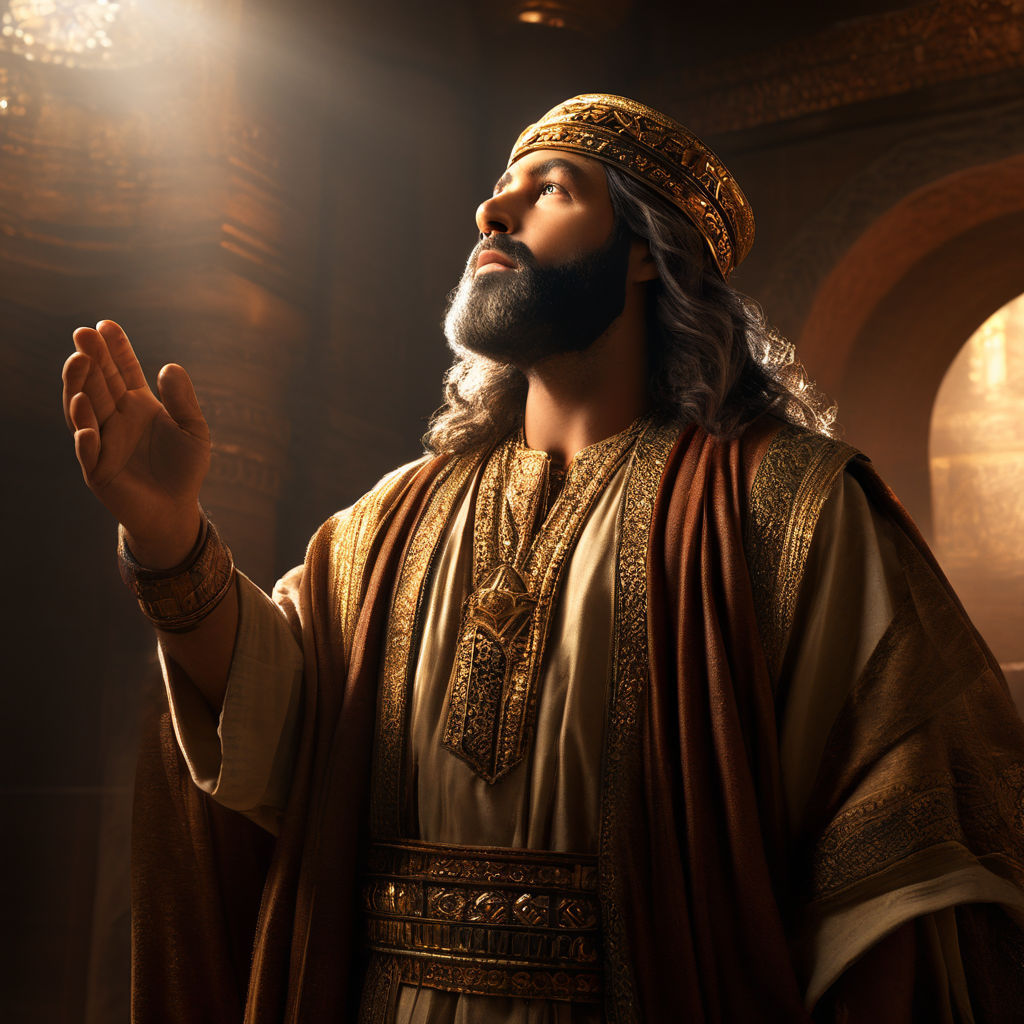 King Solomon standing with his hands up praying looking up i... by ...