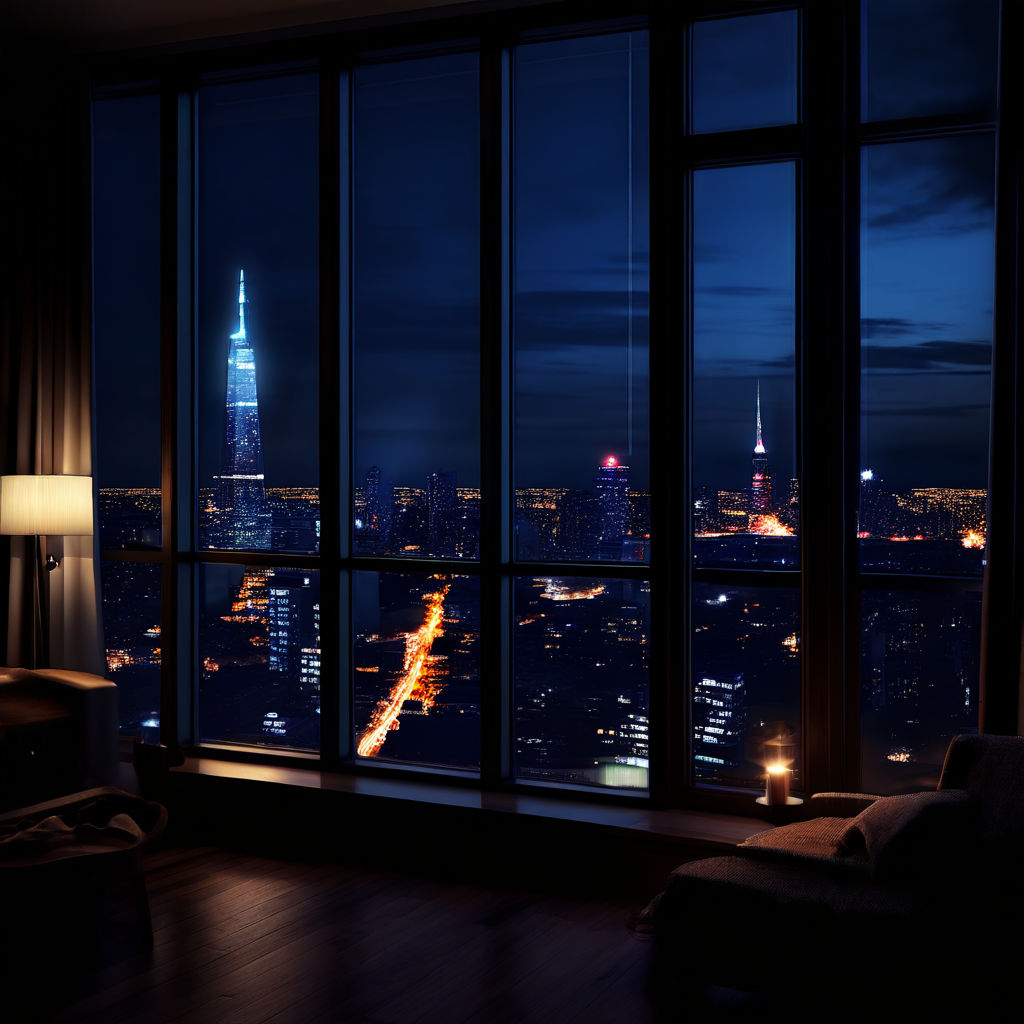 High rise Night time building window view with more interior... by ...