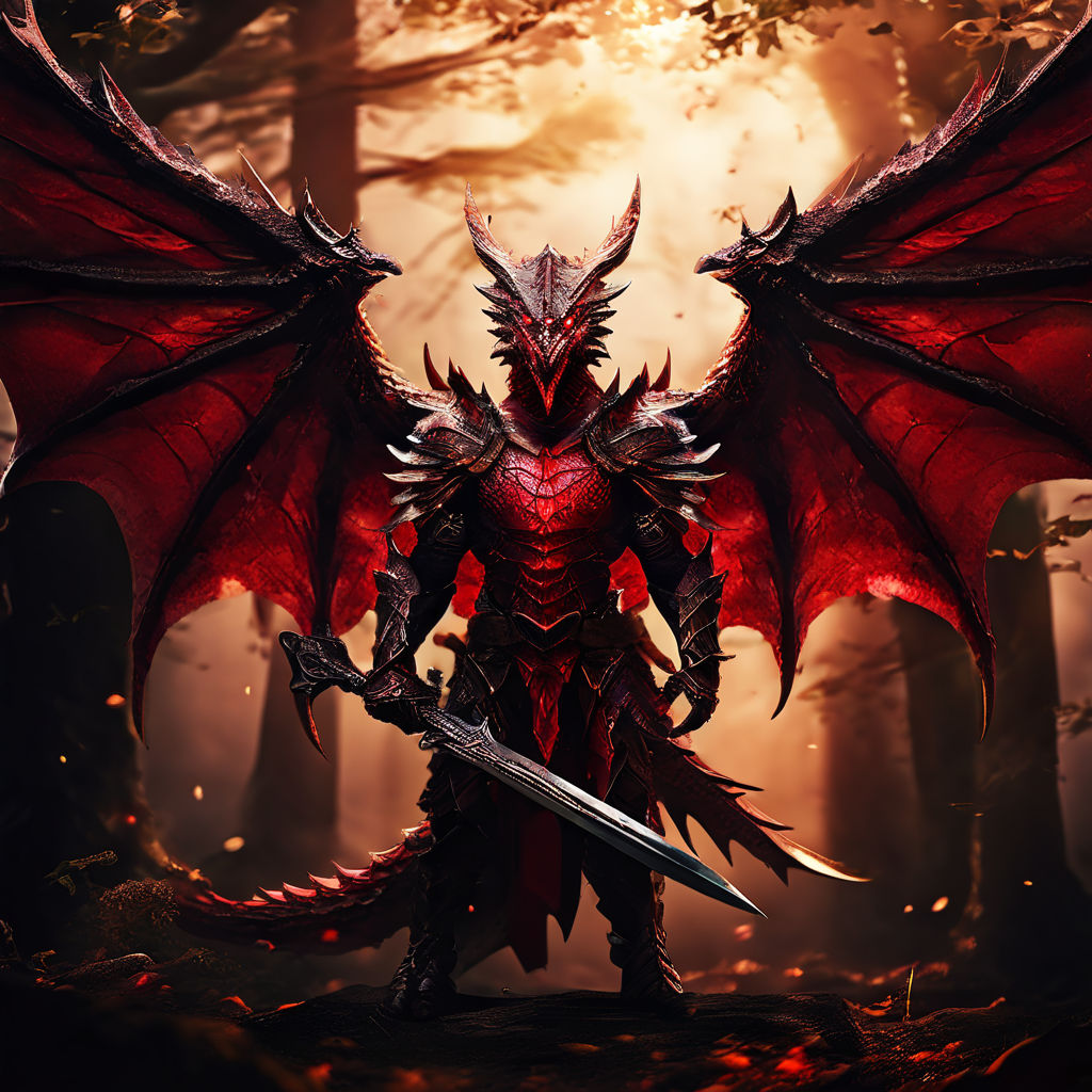 A red human dragon wings battle ax in his hand armors a drag... by ...
