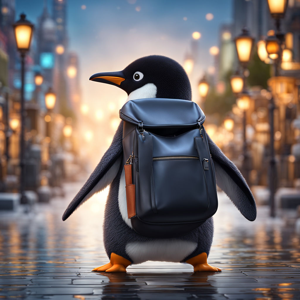 Back view of a cute penguin character carrying a big bag han... by 지녁 ...