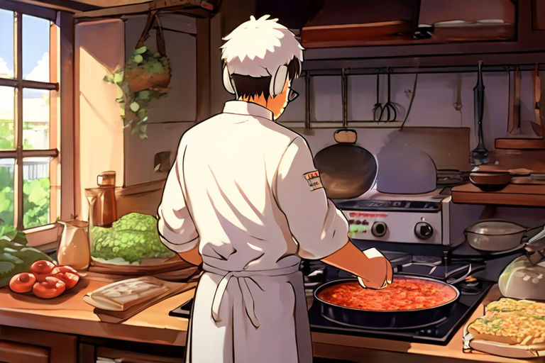 Studio Ghibli style Chef cooking with his back turned and he... by Gleb ...