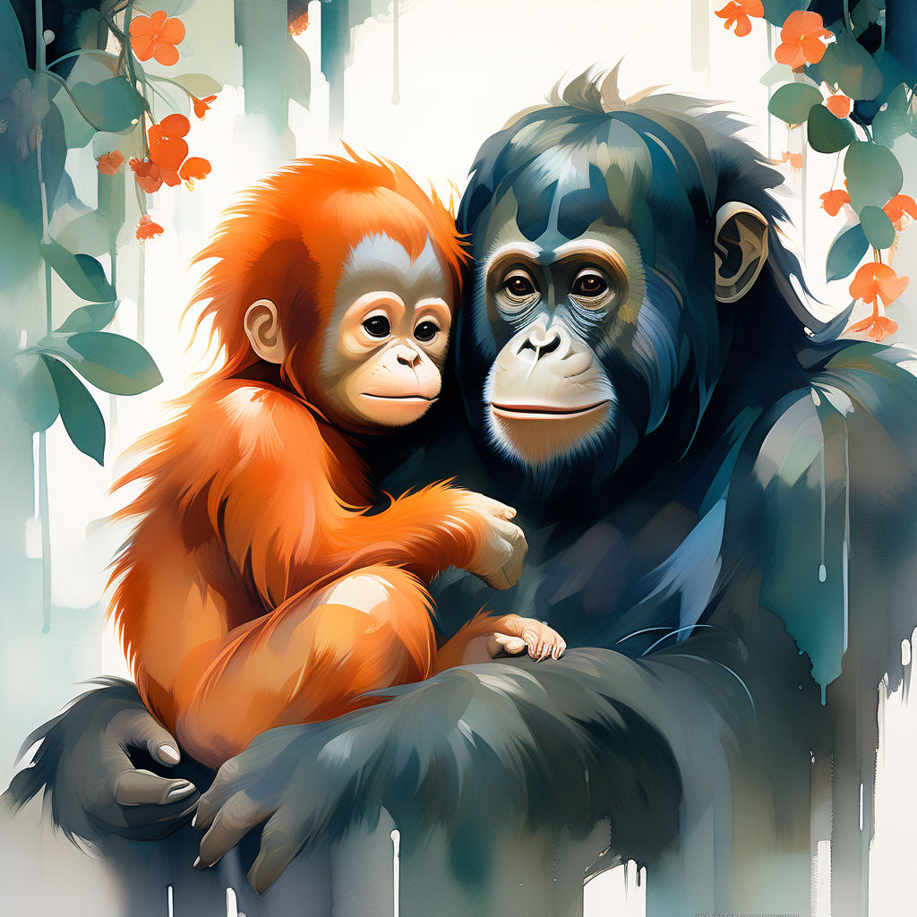 Baby orangutan clinging to its mother by Frank Morlock - Playground