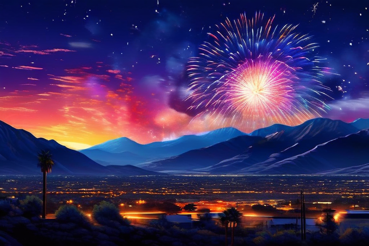 Fireworks in a spectrum of colors bursting above Palm Spring... by ...