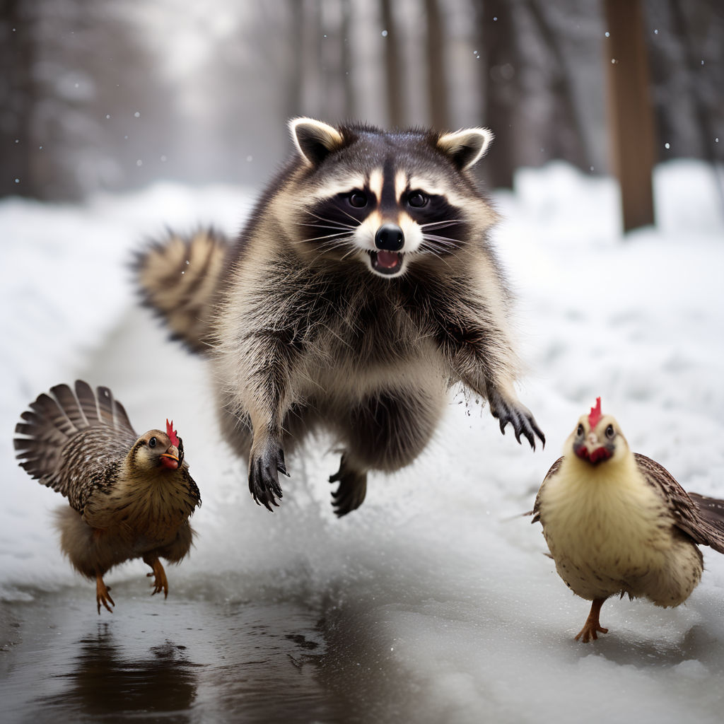 Mean Raccoon chasing chicken by Allen Morris - Playground