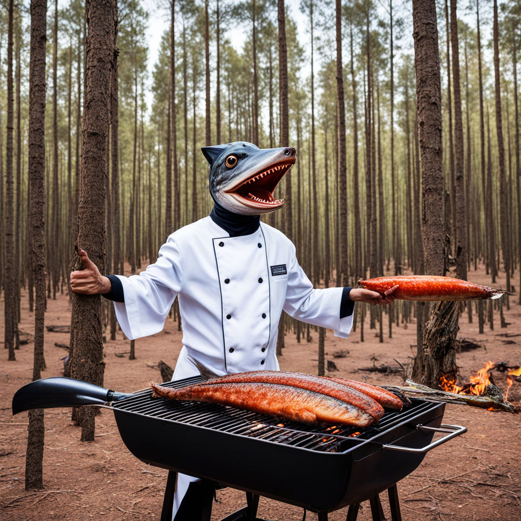 A barracuda fish dressed like a human chef having a barbecue... by Omar ...