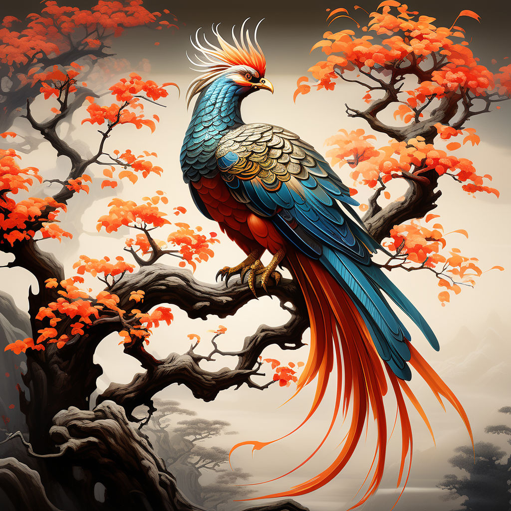 A resplendent Chinese phoenix perched on a tree branch. by chewy Hung ...