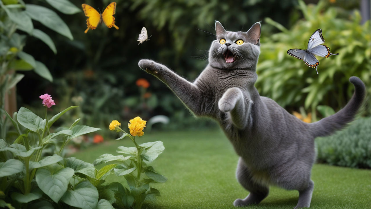 A dynamic photograph captures a playful moment in a lush gar... by ...