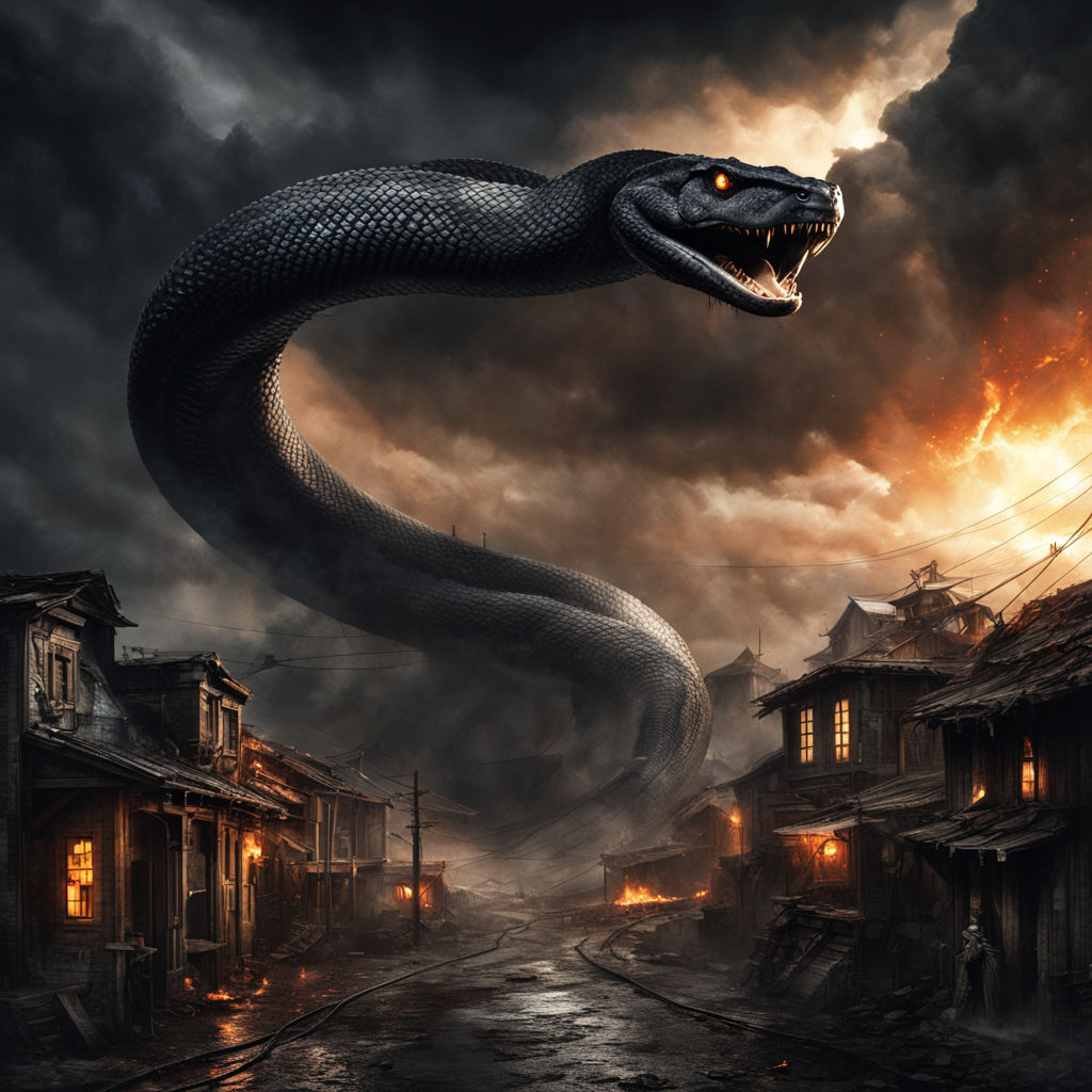 A huge monstrous dark evil snake destroy a small burning tow... by ...