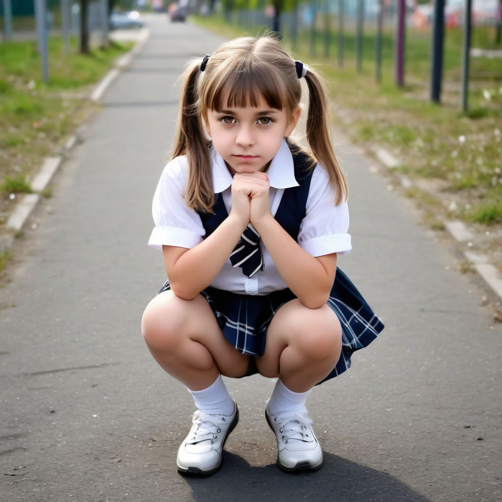 A little girl schoolgirl squats in a short skirt by Sitora Raimkulova - Playground