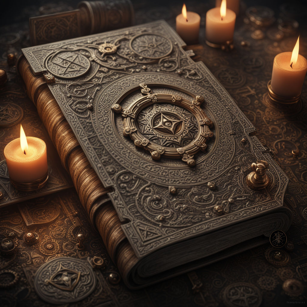 An ancient grimoire opened to a page filled with intricate o... by ...