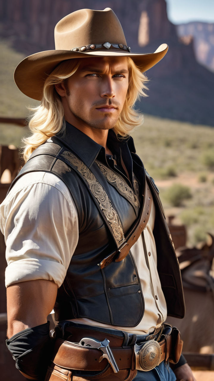 RAW photograph of a blond-haired male cowboy. Colt revolver ... by ...
