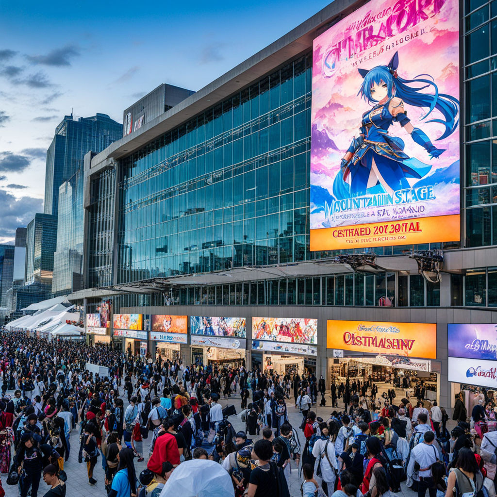 Anime convention hall bustling with cosplayers and booths by هاشمية ...