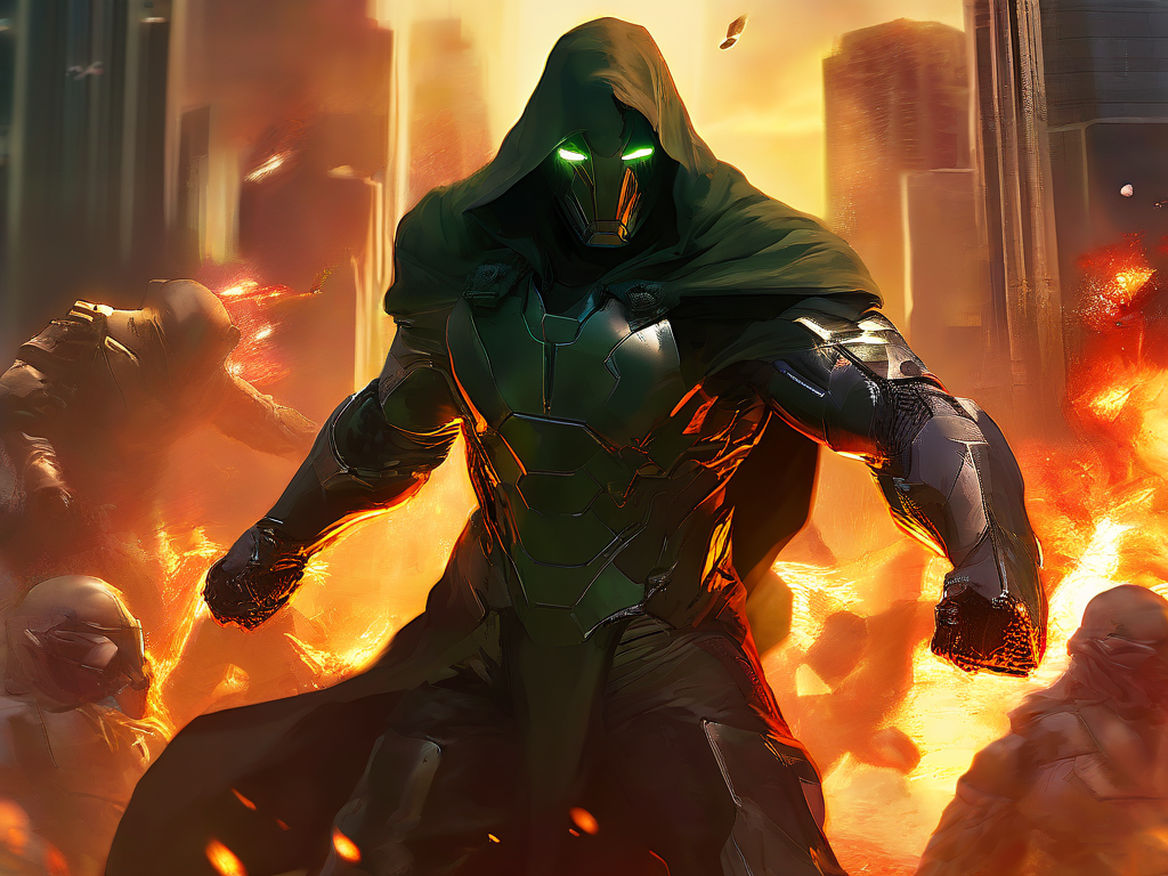 RDJ as Doctor Doom wielding his iconic armor caught mid-batt... by ...