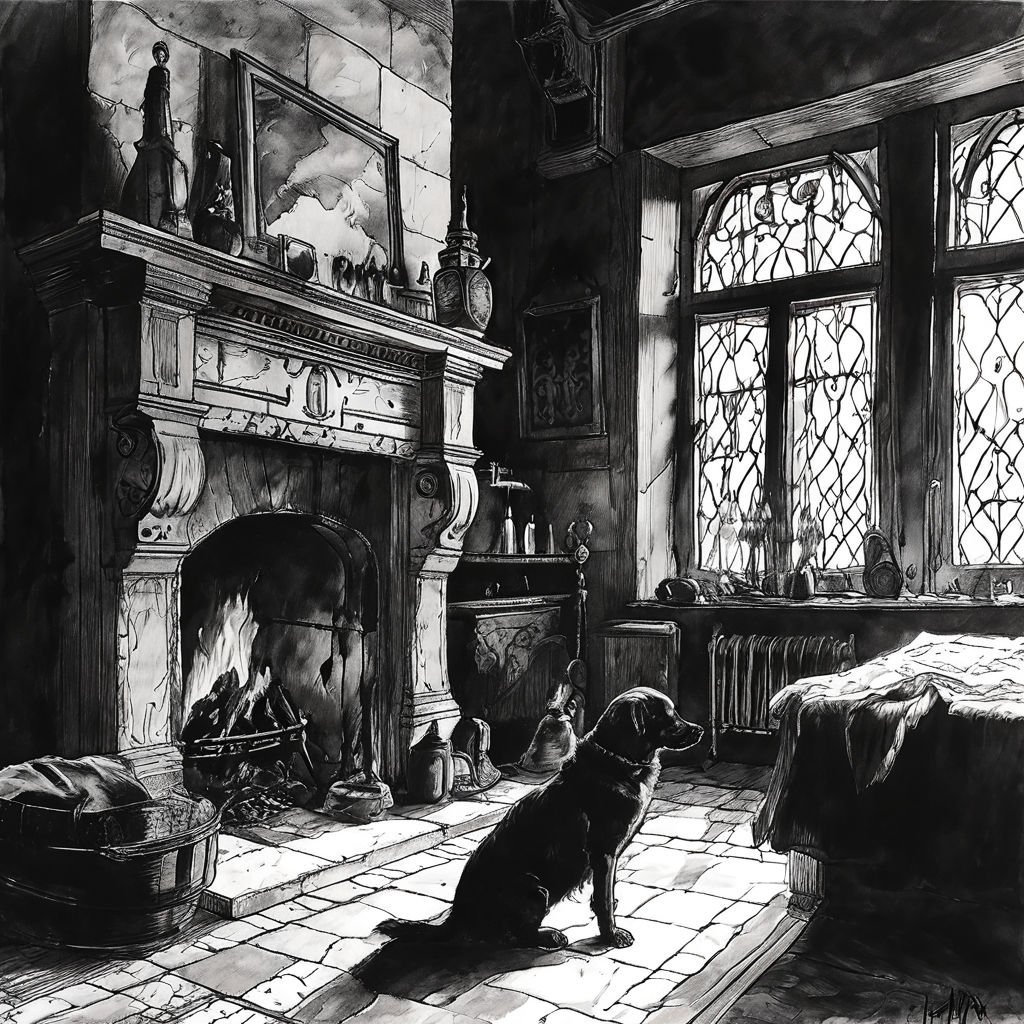 Ink drawing monochrome {a gentleman's room with a fireplace by ...