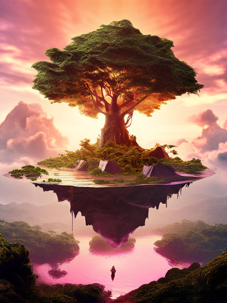 A floating inverted pyramid-shaped island with lush vegetati... by ...