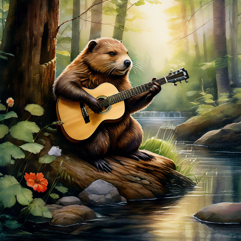 A beaver playing the guitar in the woods near a small river. by Axl ...