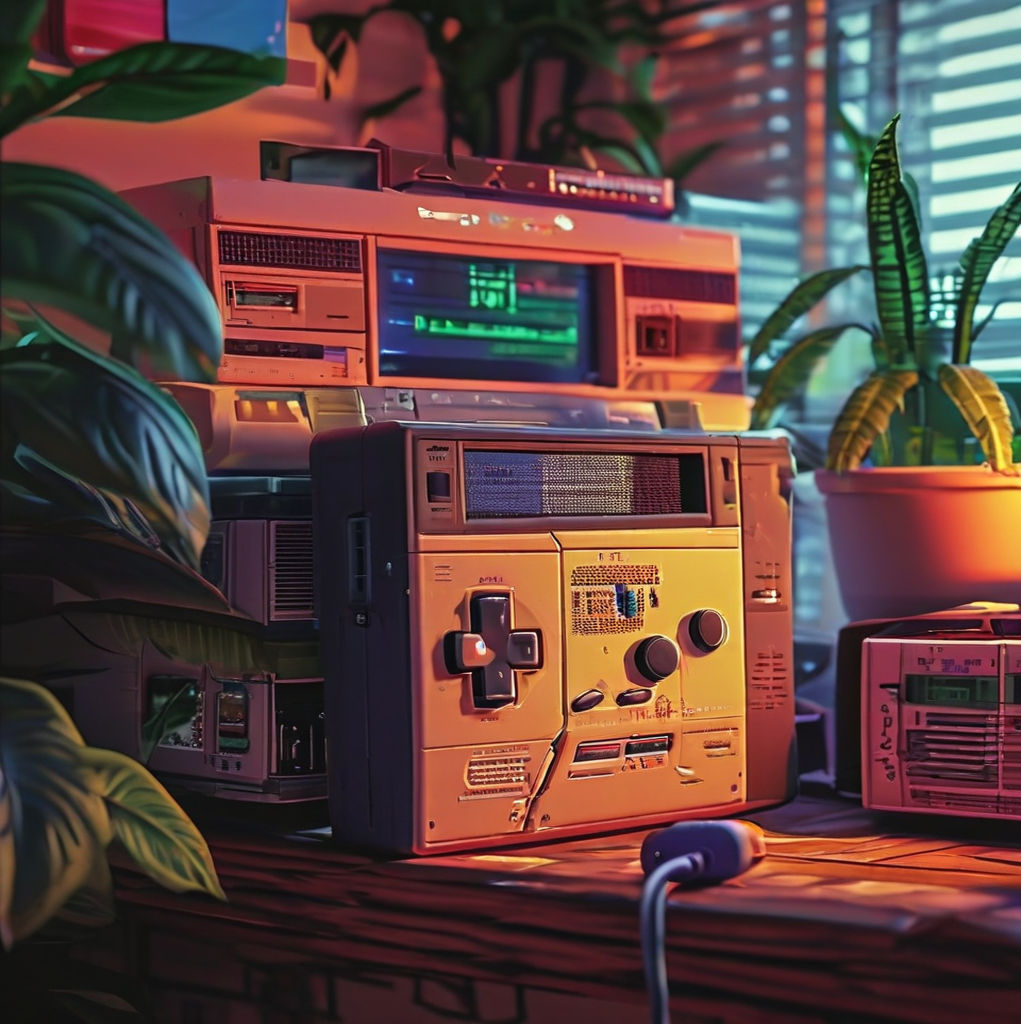 Pixel art depiction of a scene featuring a close-up of retro... by ...