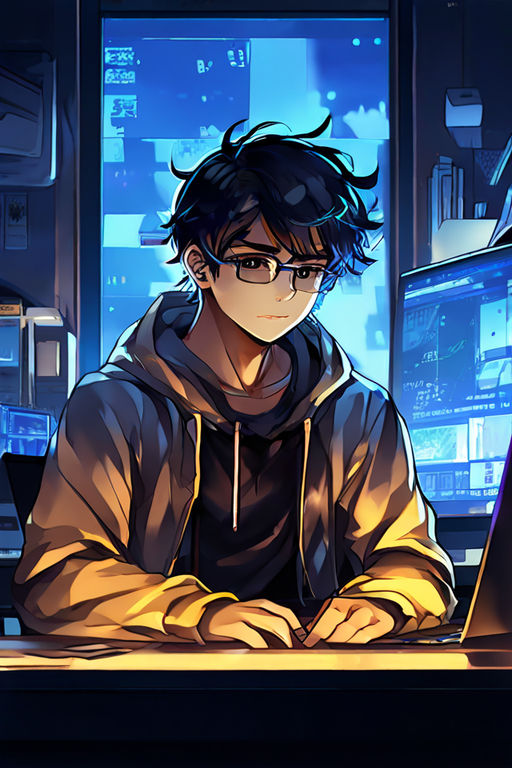 An anime-style illustration of a human male character seated... by ...