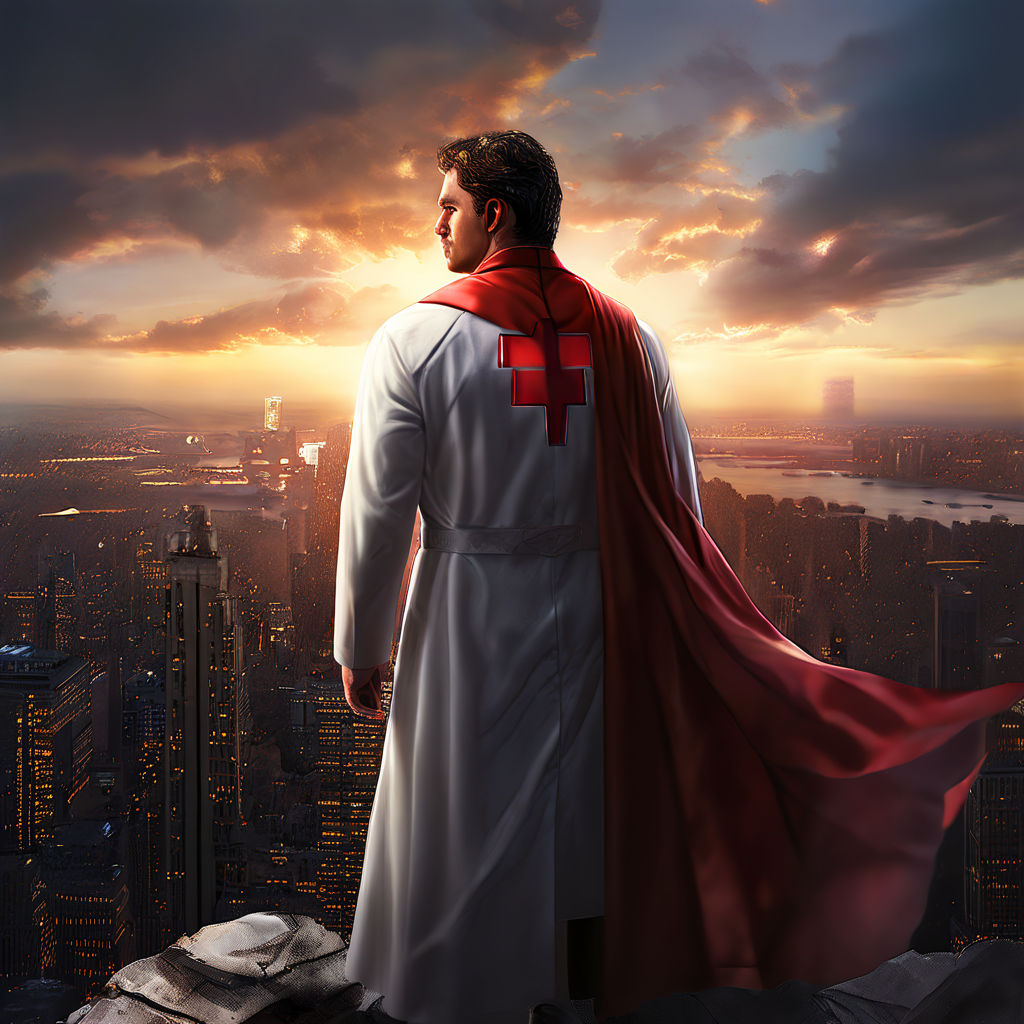 Superhero wearing a white lab coat emblazoned with a red cro... by ...