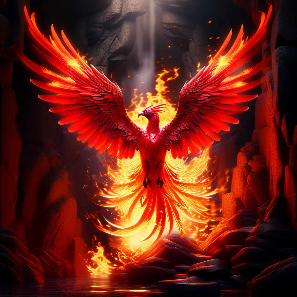 Realistic red burning phoenix in a cave by Timo Horndasch - Playground