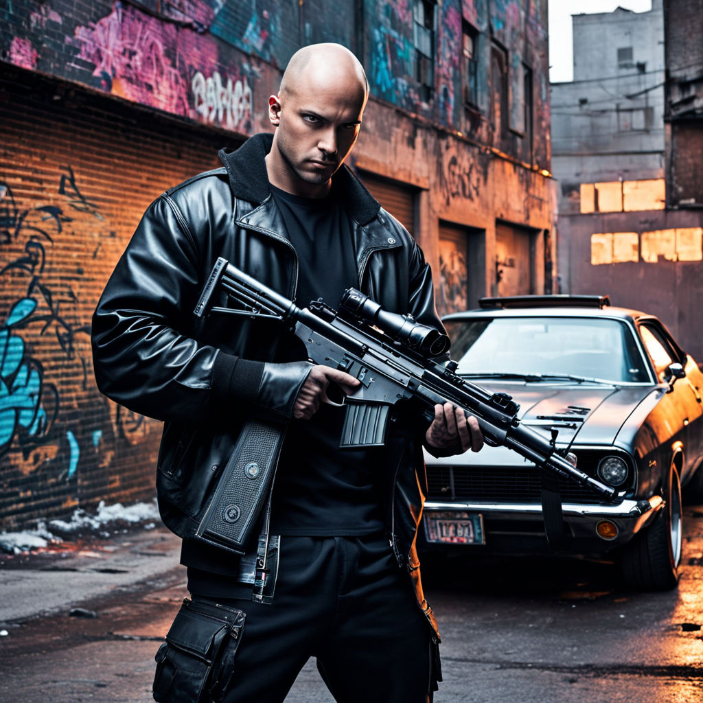 Bald man gripping a machine gun by Yashwardhan Verma - Playground