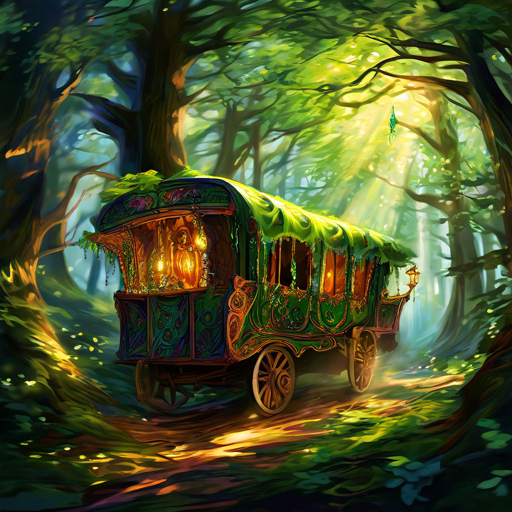 Cartoon-style gypsy wagon nestled in an enchanted forest by Денис ...