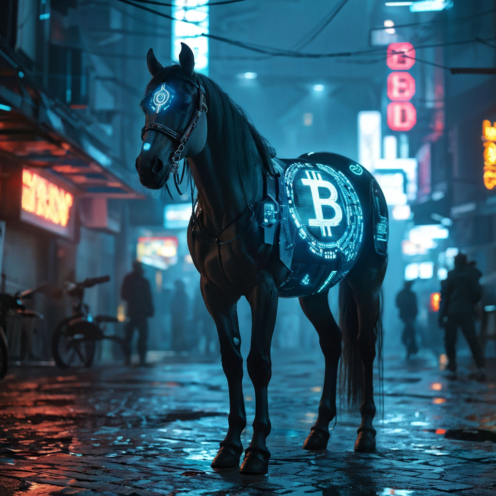 Horse with pupils emitting a beam of light shaped like Bitco... by 오성현 ...