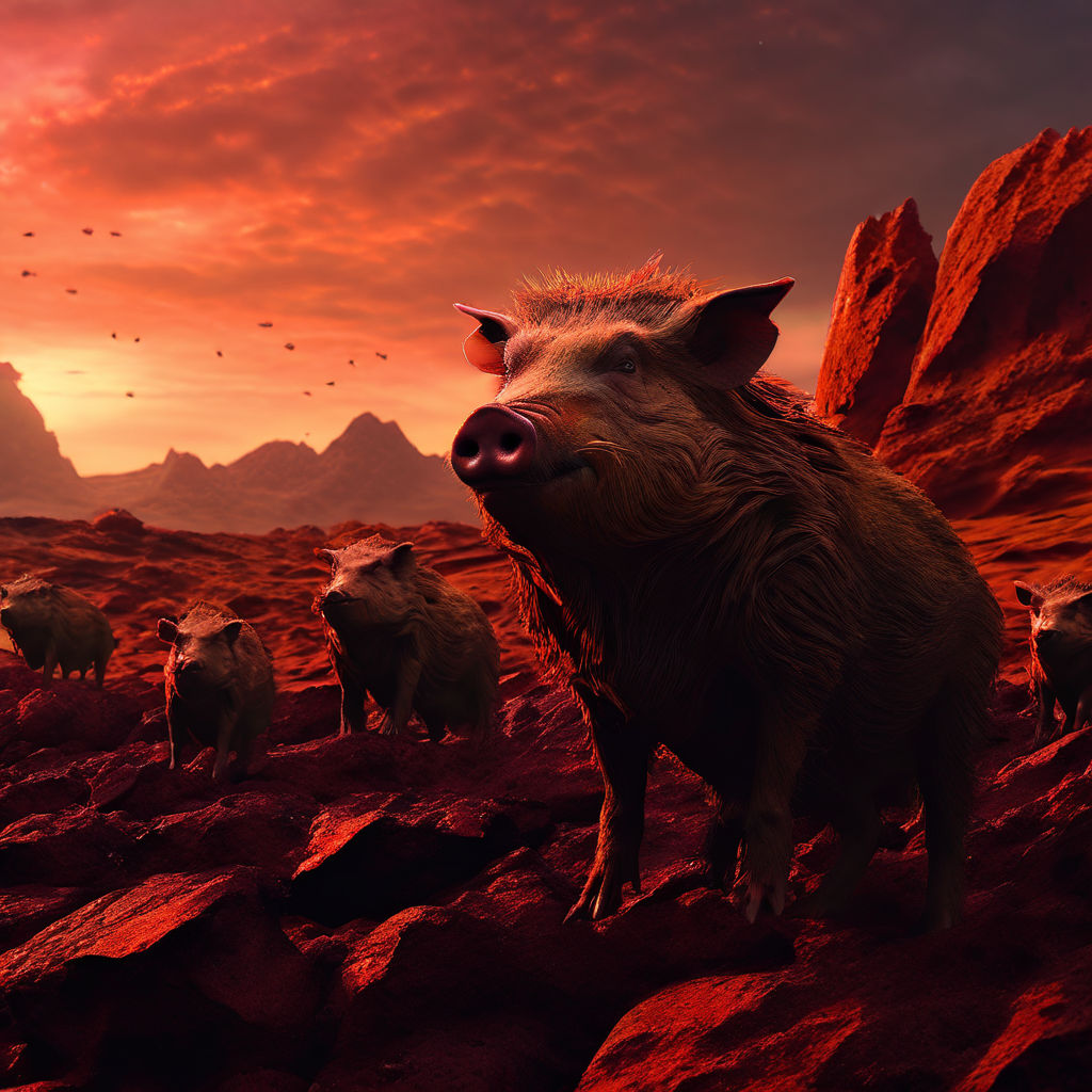 A large pack of many brown alien boars with horns in a field... by Jay ...