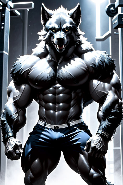 A muscular black and white werewolf pup with a bodybuilder p... by ...