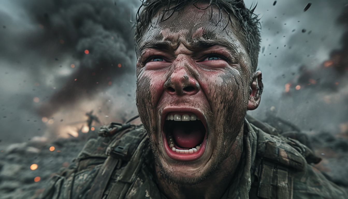 A close-up shot of a soldier’s face in the midst of a battle... by ...
