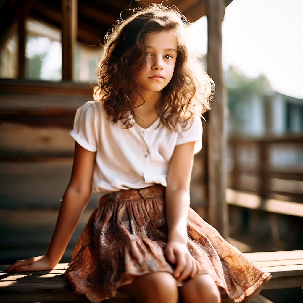 A preteen in a flowy skirt perched playfully on a rustic woo... by Elik ...