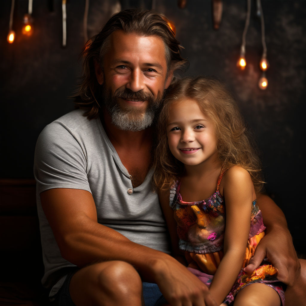 Preteen girl pretty bikini sitting on dad by Johnathan Sheffield - Playground