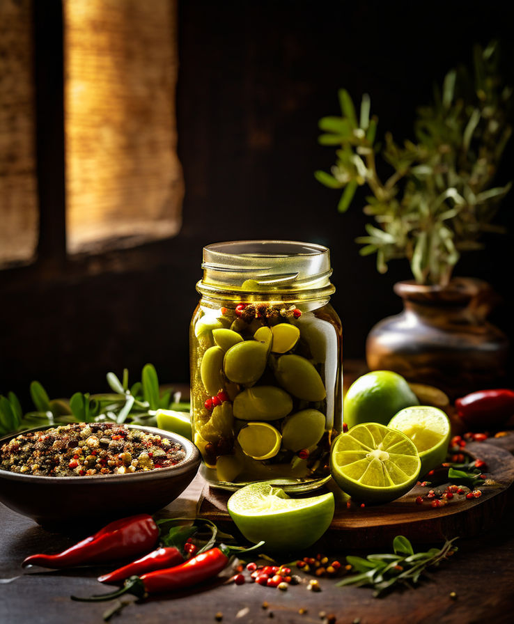Olive pickle jar as the centerpiece of a still life photosho... by ...