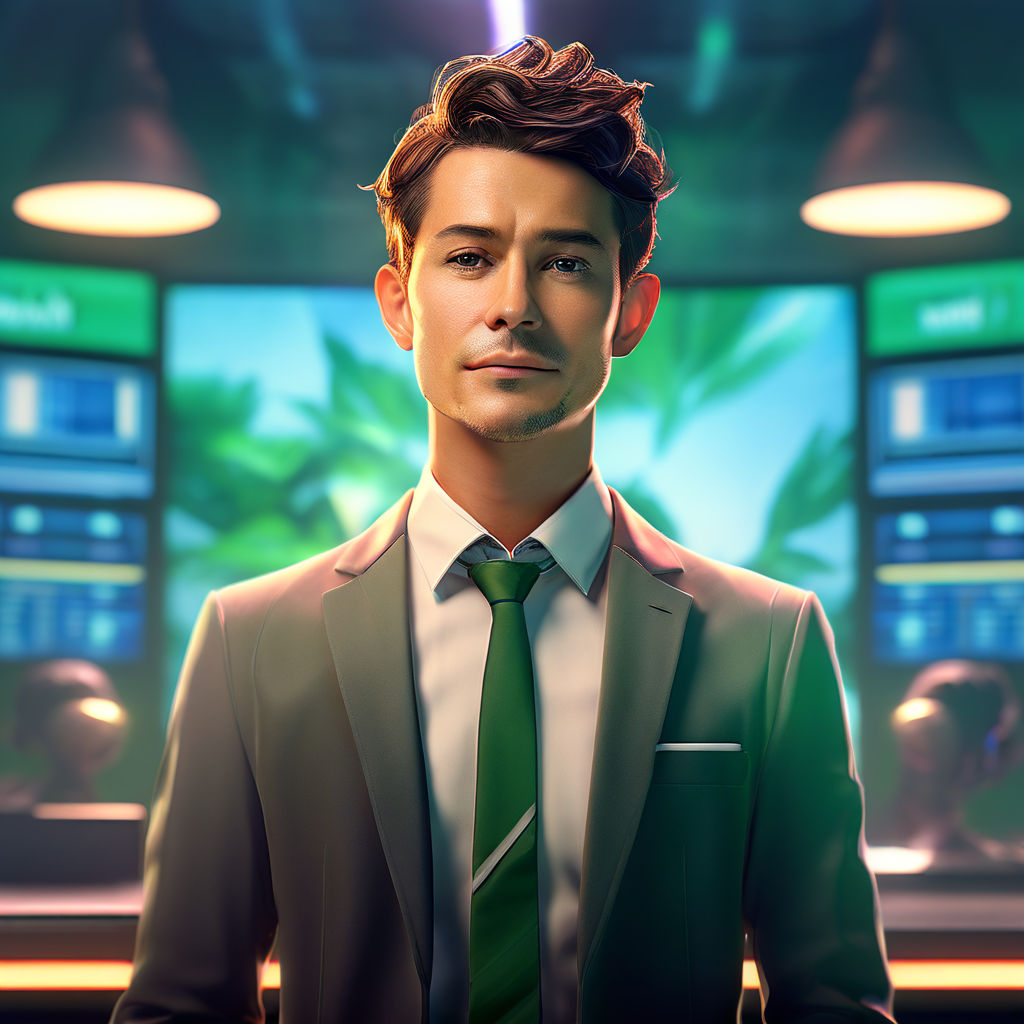 Make a male smart news presenter front view with green backg... by ...