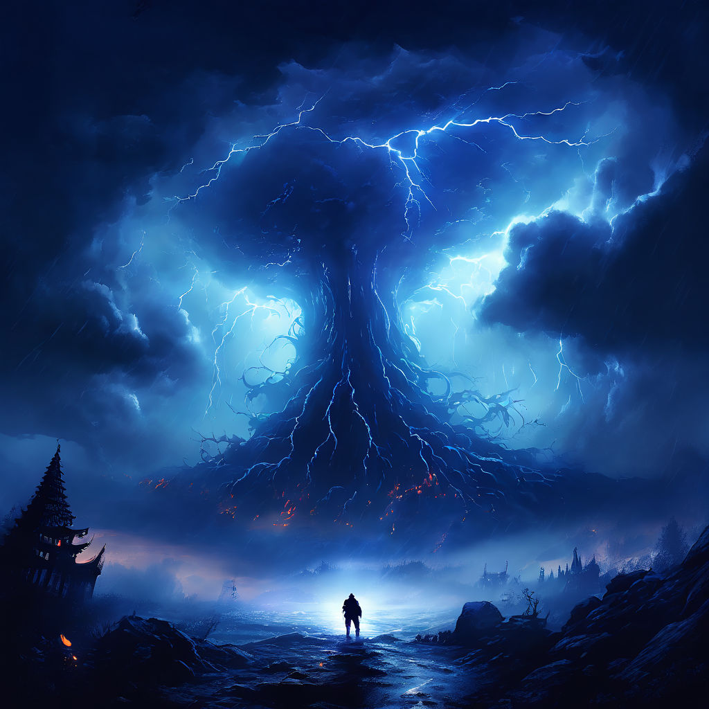 Silhouette of a colossal eldritch horror lit up by lightning... by ...