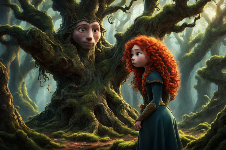 Pixar's curly red-haired Merida talks to an old tree in a su... by ...