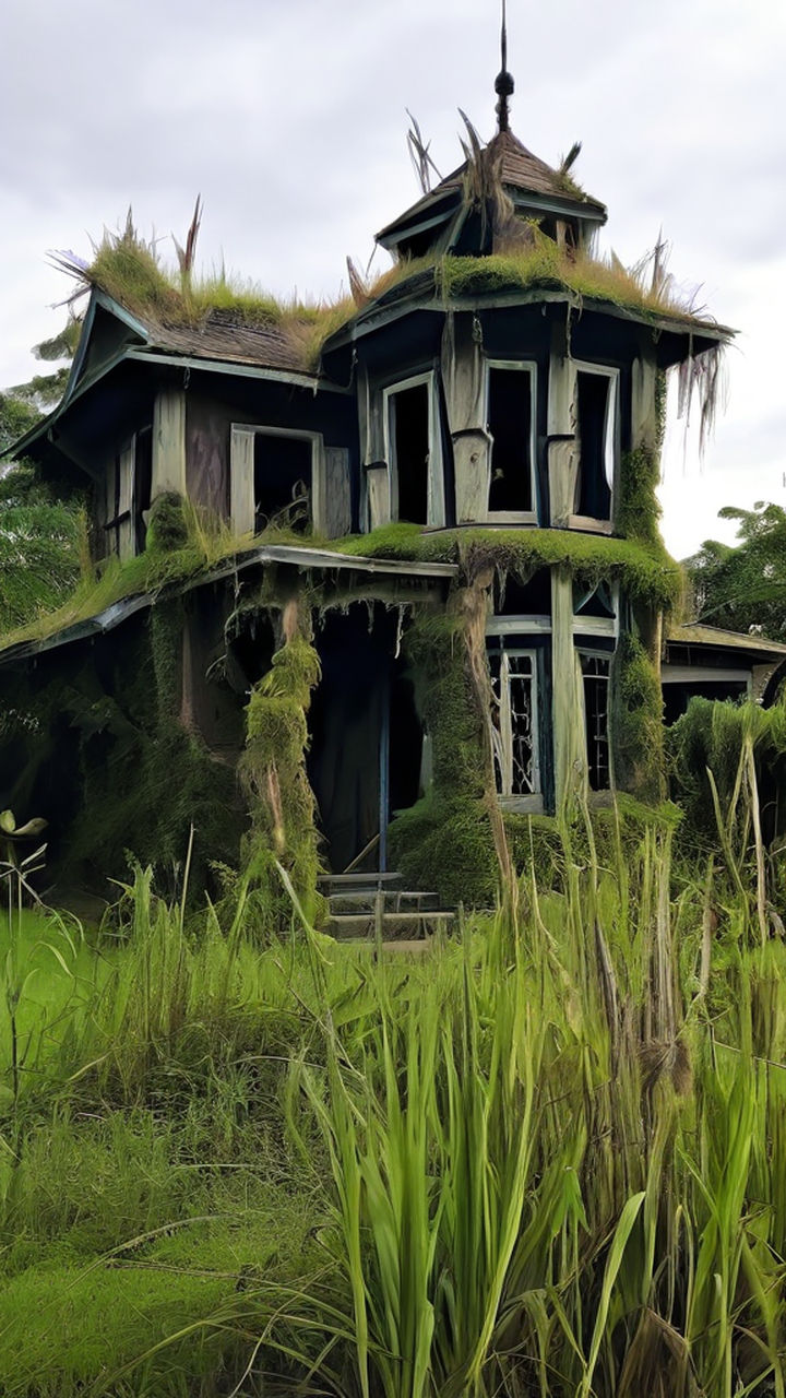 The haunted house has an ancient design with tall grass grow... by Tri ...