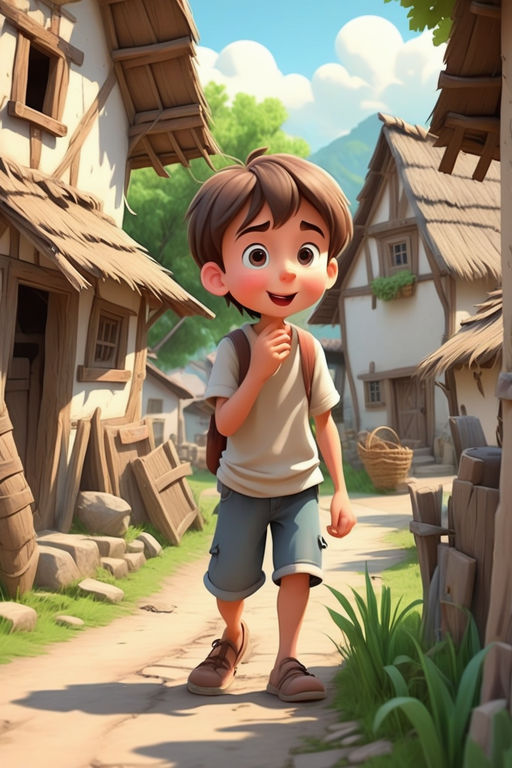 A cute boy is searching something in a village animation car... by ...