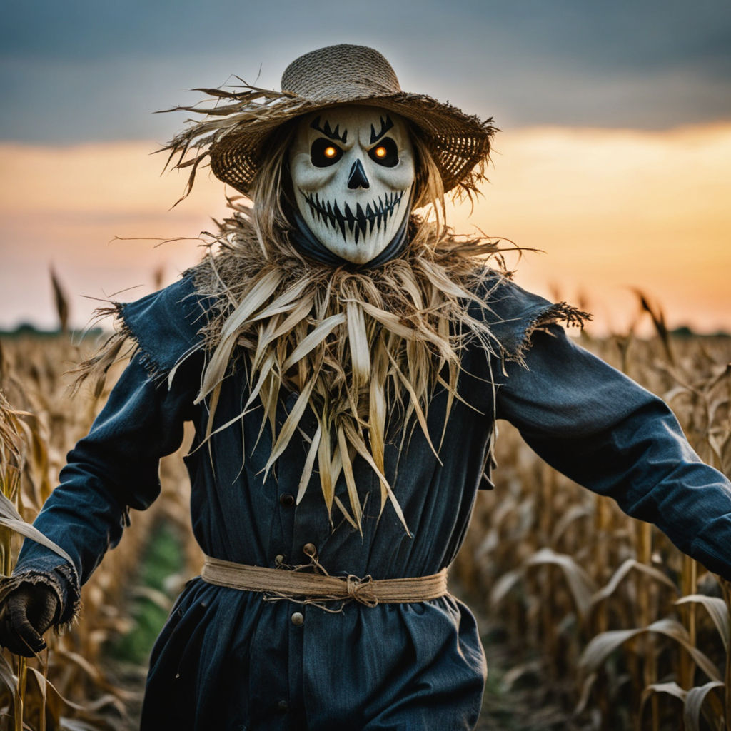 A terrifying film still of a grotesque scarecrow shambling f... by ...