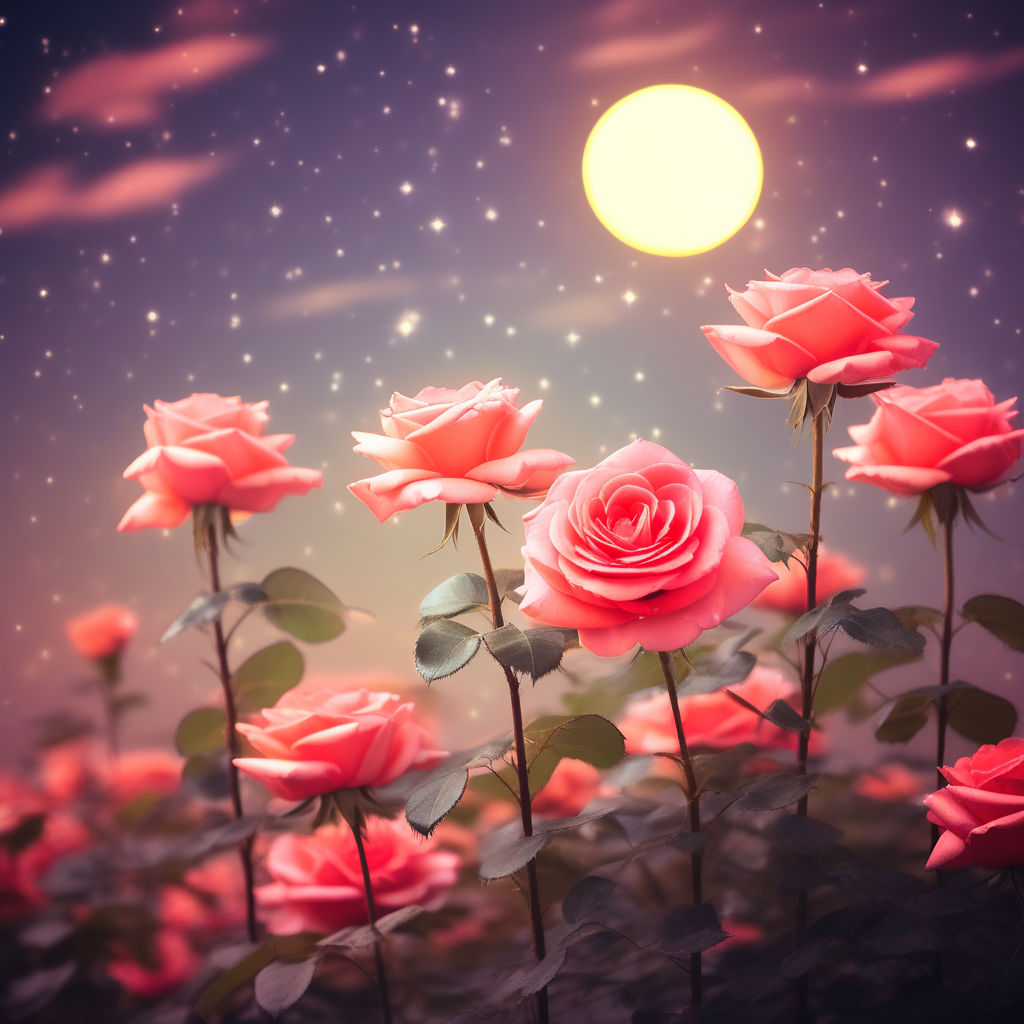 Make a photo of a night with moon and many rose by Alexander Kamennyy ...
