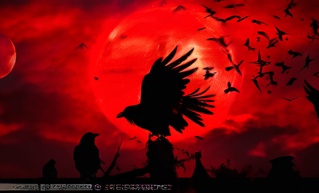 Six Crows In Flight Under A Crimson Moon By Sanjay Veera Playground