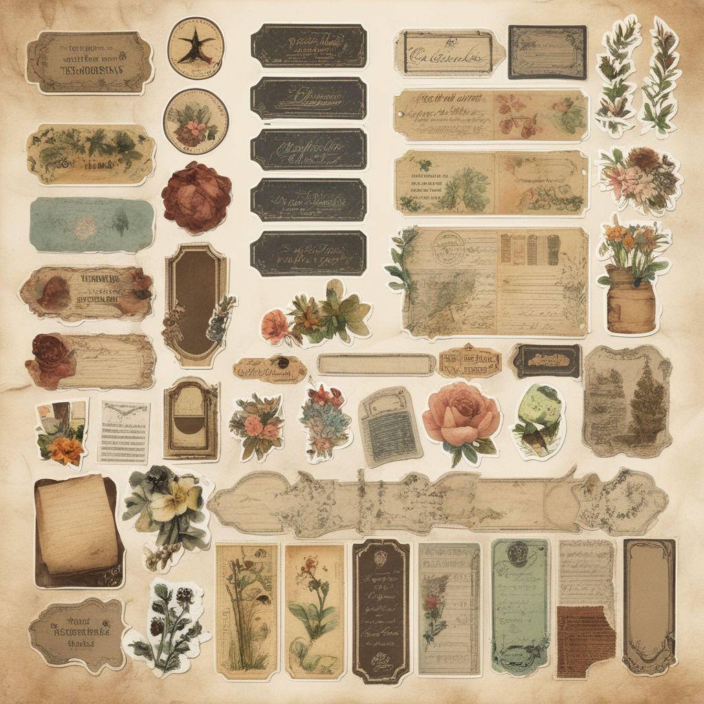 Generate a sheet of stickers for a junk journal in A4 format... by m c ...