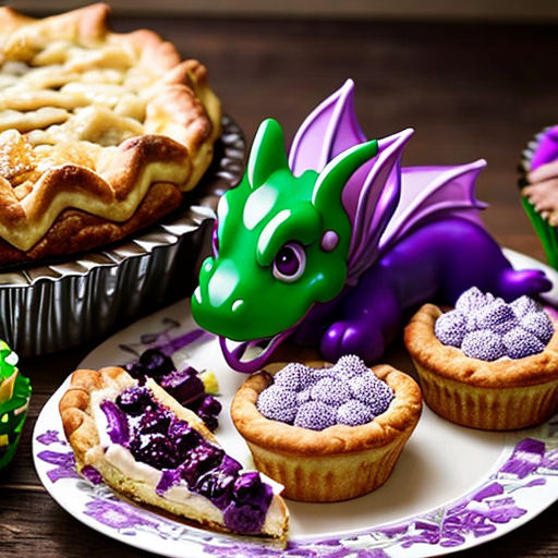 A purple and green dragon amidst a hoard of pies and cakes by Madame ...