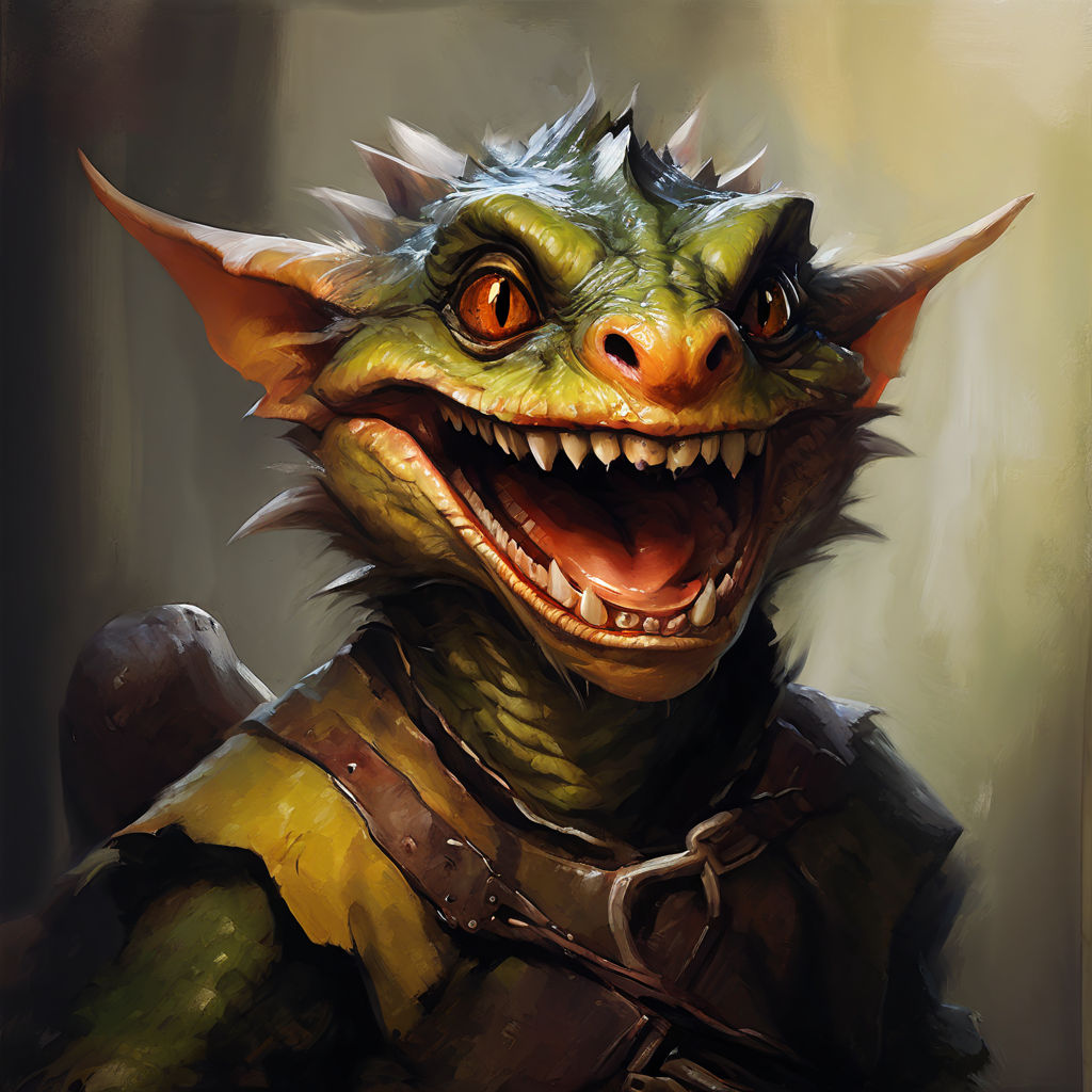 An oil painting style kobold man with a big toothless smile by The Crow ...