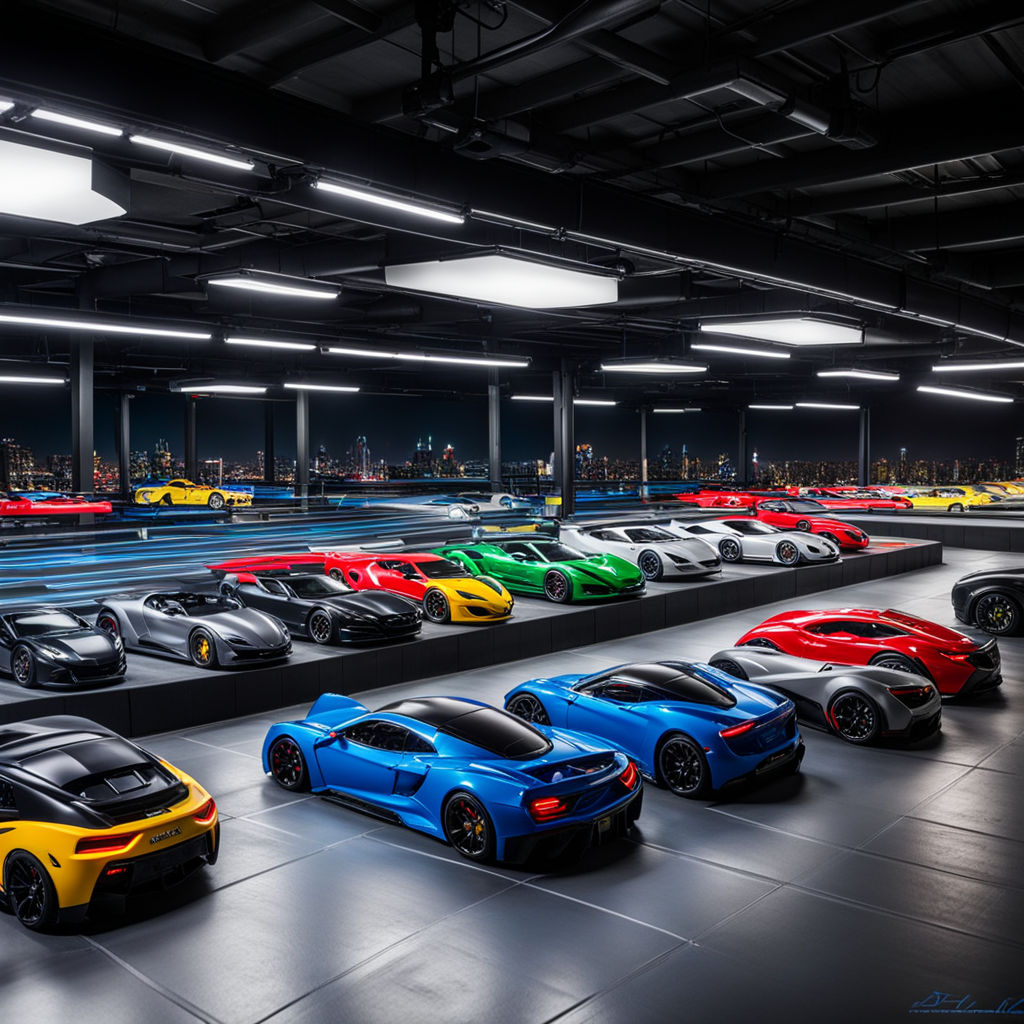 Create a covered parking lot with a few modern model cars. T... by ...