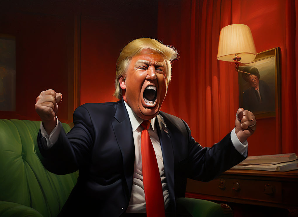 Painting portrait of Donald Trump yelling in a dim green roo... by ...