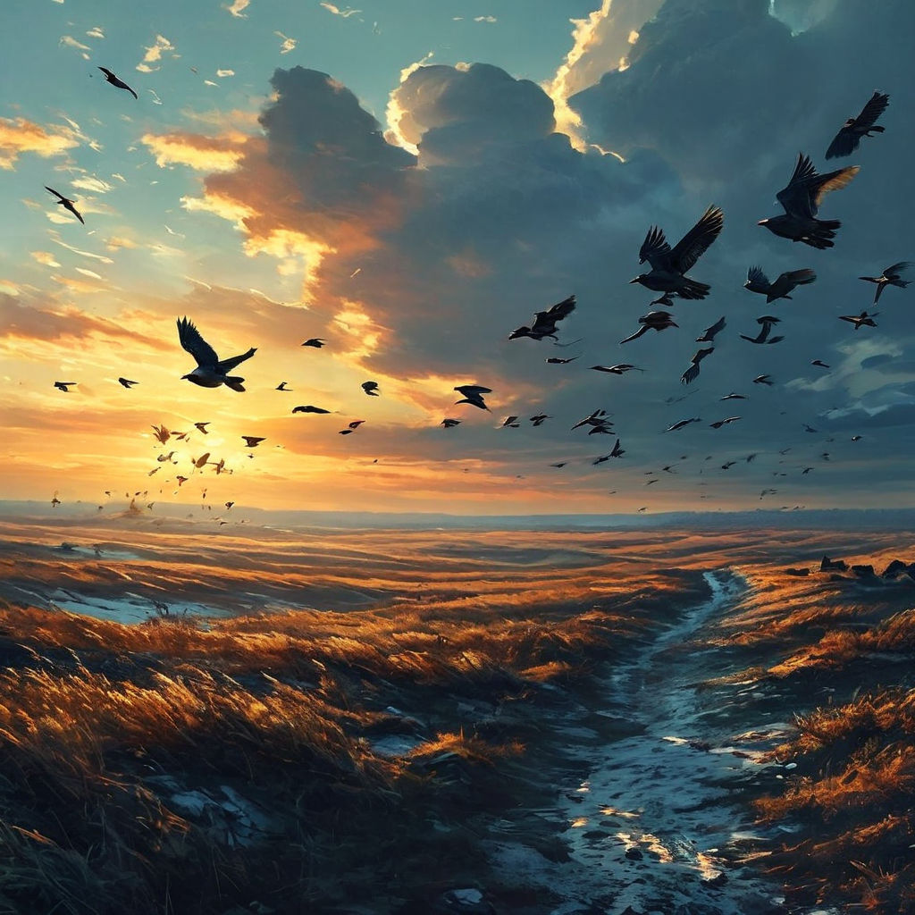 Flock of nine birds aligned eastward in mid-flight by emmanuel joy ...