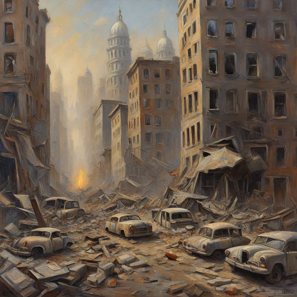 Usa broken city caused by war oil painting by Arteroid - Playground