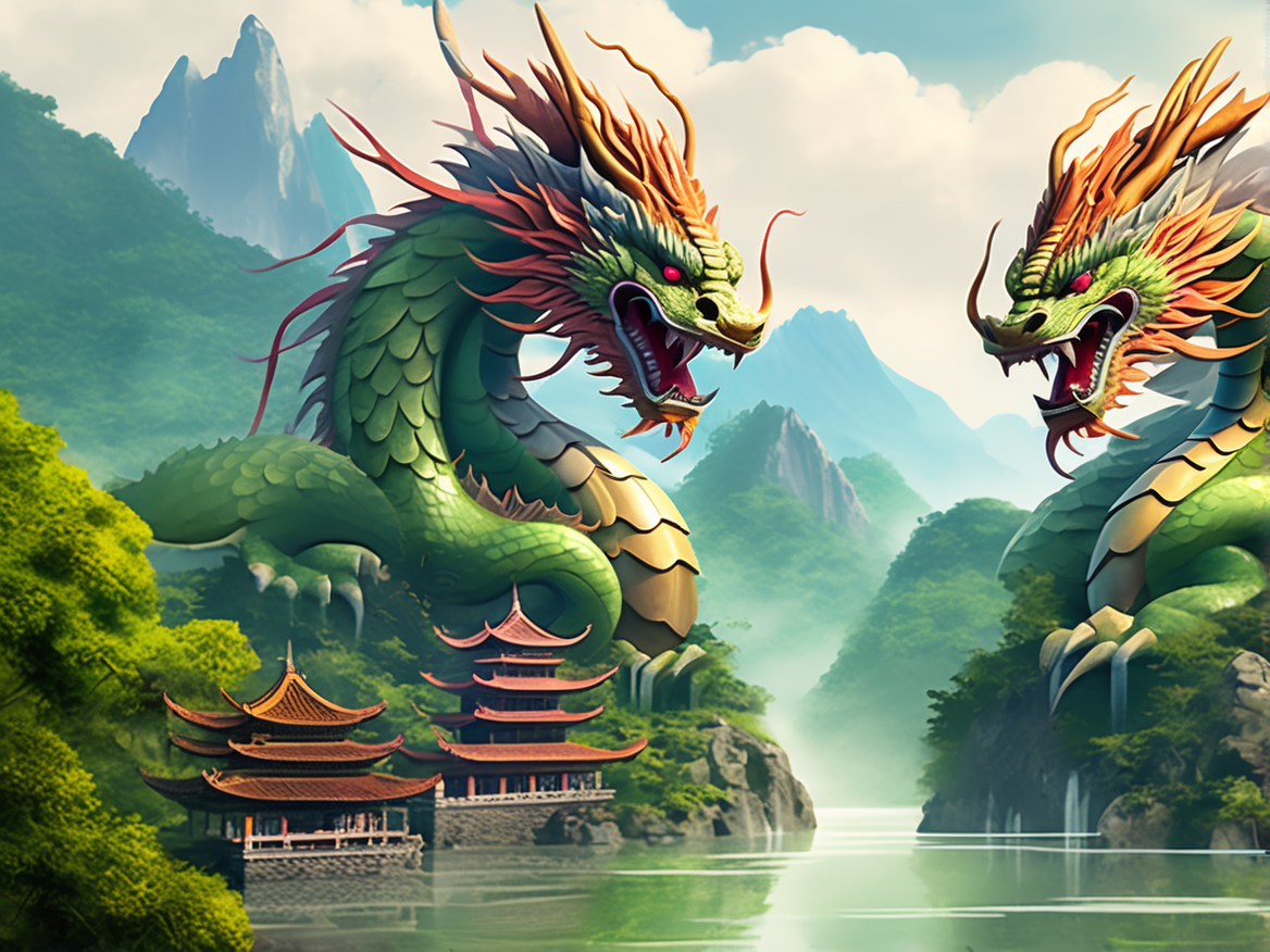 A pair of mighty dragon statues in front of an Asian temple by Hai Duc ...