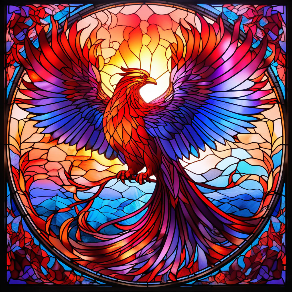 Stained glass window with Fire Red Phoenix by Tung AI - Playground